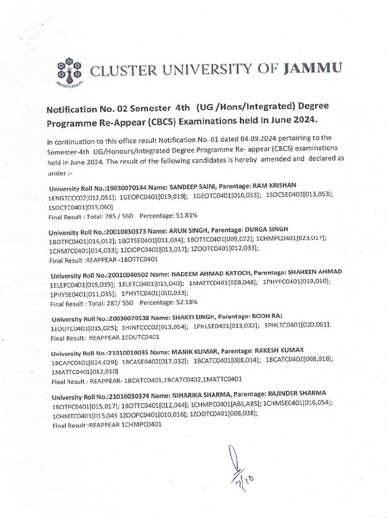 Notification No. 02 Semester 4th (U - Hons - Integ) Degree Programme ...