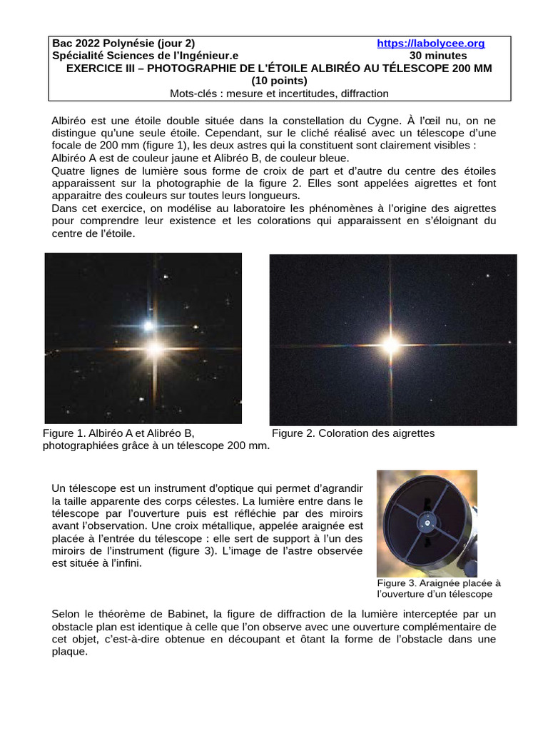 2022 Polynesie SI J2 Exo3 Sujet DiffractionEtoile | PDF