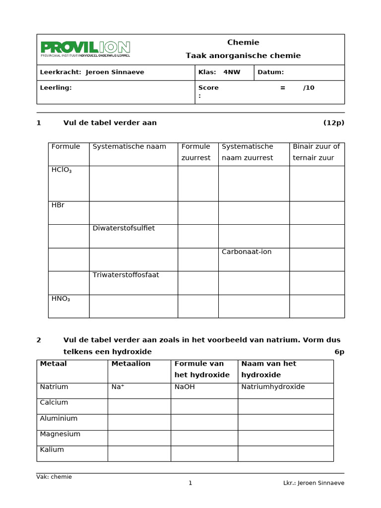 Taak Anorganische Chemie 4nw | PDF