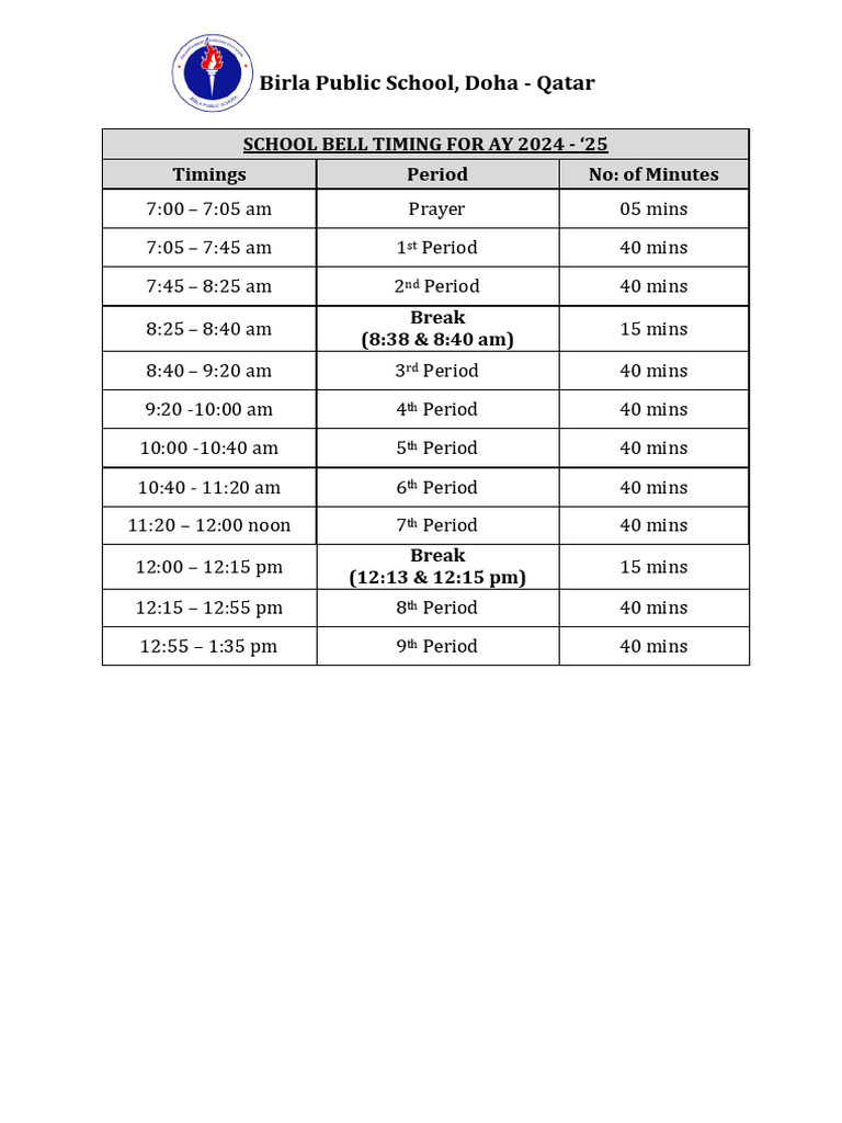 Main School Bell Timing - 2024 - 25 | PDF