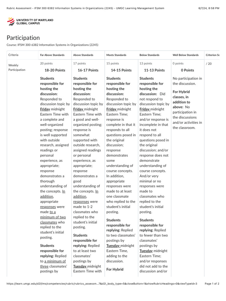 Rubric Assessment - IfSM 300 6382 Information Systems in Organizations ...