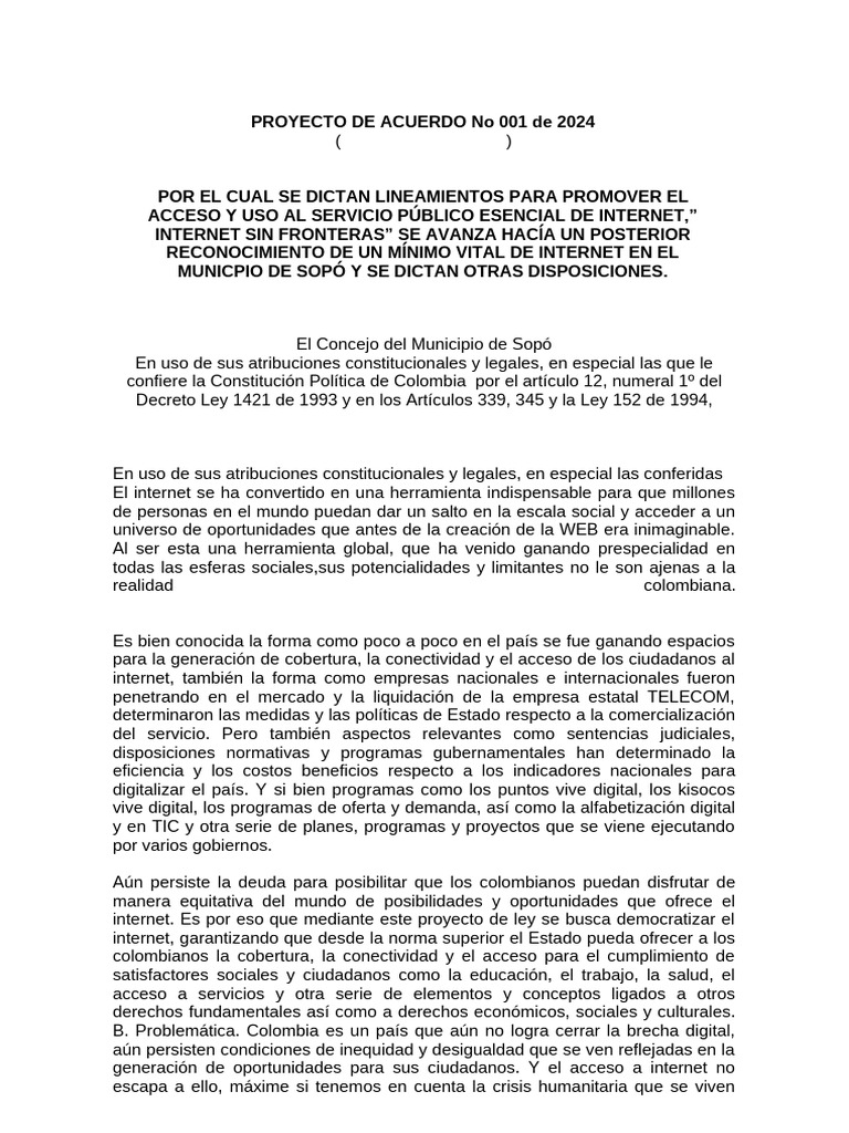 Proyecto de Acuerdo No 001 Internet Sin Fronteras | PDF