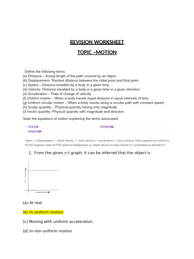 science rivision worksheets( physics motion chapter) | PDF