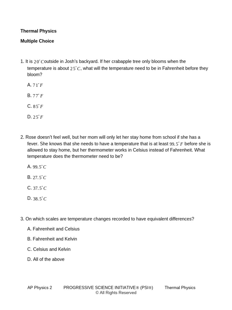 Ap Phys2 - Thermal Physics Multiple Choice - 2023 11 02 | PDF