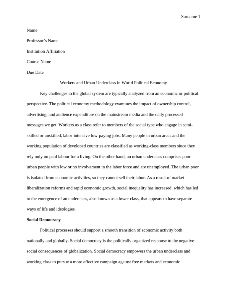 Workers and Urban Underclass in World Political Economy | PDF