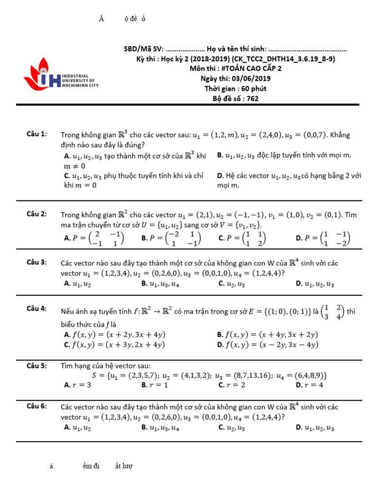 Ä Á THI TOÃ N CC2 2018-2019 | PDF