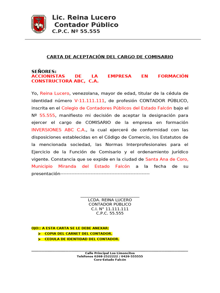 Carta de Aceptacion Comisario | PDF | Auditoría | Contador