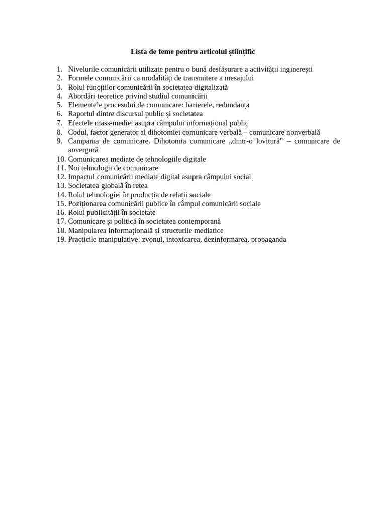 Lista de Teme Pentru Articol Stiintic | PDF