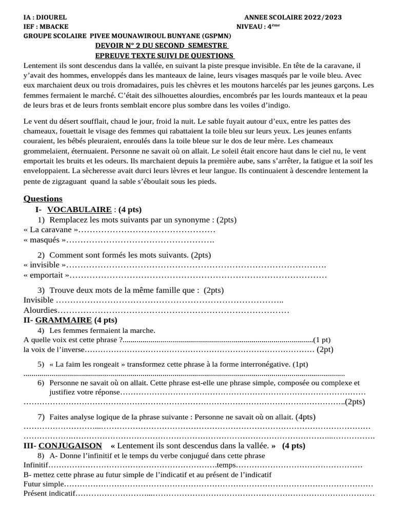 Devoir FR 4 N 2 Du Second Semestre | PDF