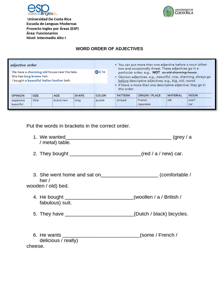 Practice Order of Adjectives | PDF