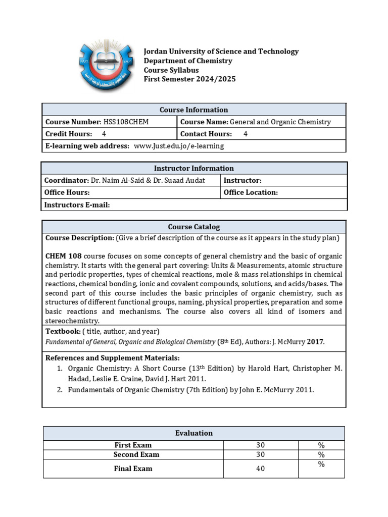 Chem108 Syllabus First Semester 2024-2025 All | PDF