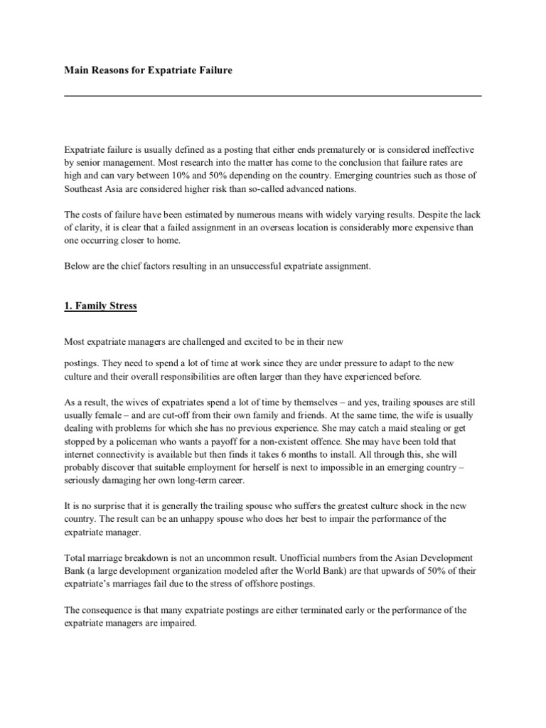 Main Reasons For Expatriate Failure | PDF | Asia | Behavioural Sciences