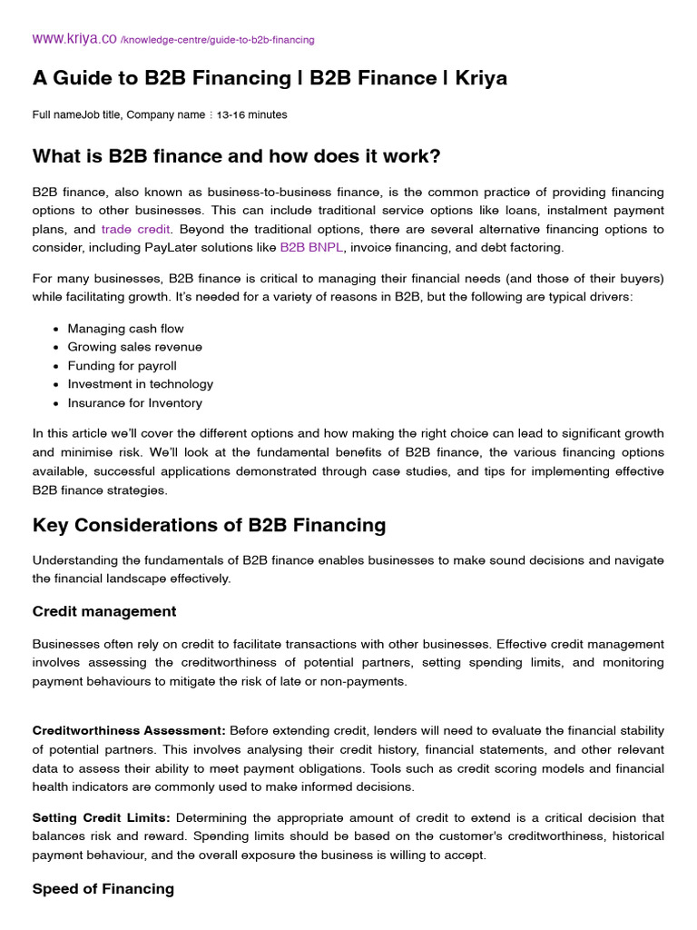 A Guide To B2B Financing - B2B Finance - Kriya - Reader View | PDF