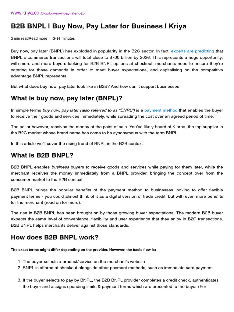 B2B BNPL - Buy Now, Pay Later For Business - Kriya - Reader View | PDF