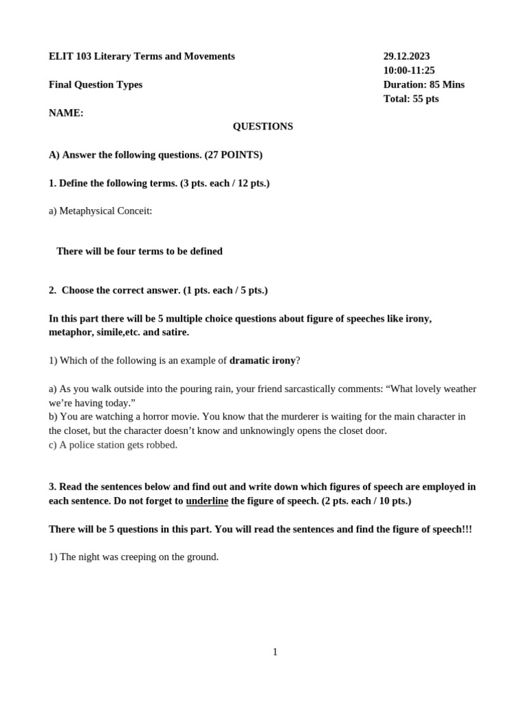 ELIT 103 Literary Terms Final Exam Sample | PDF | Narration | Poetry