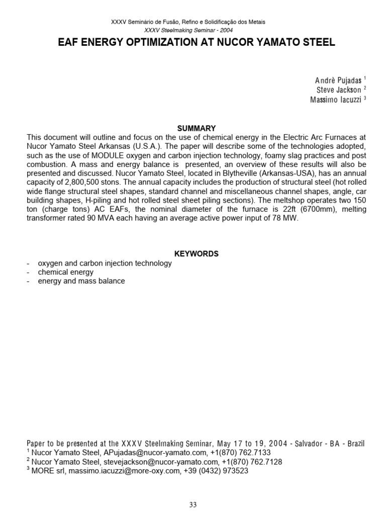 Eaf Energy Optimization at Nucor Yamato Steel: S S Ss | PDF