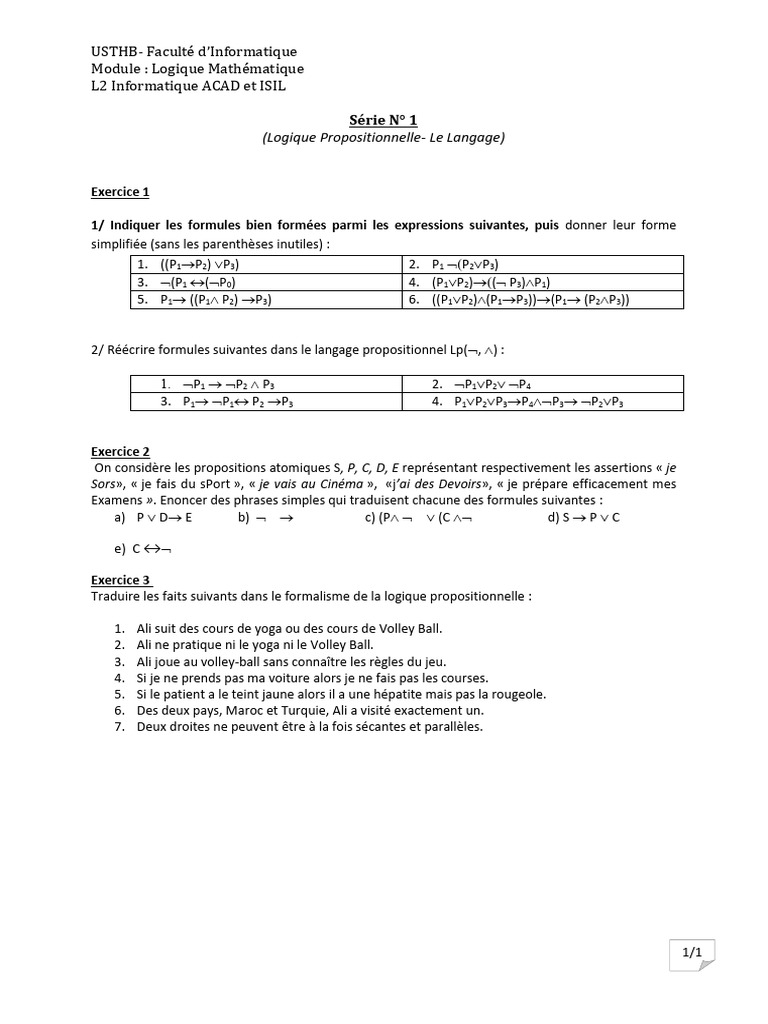 Serie 1-Logique Des Propositions Le Langage | PDF