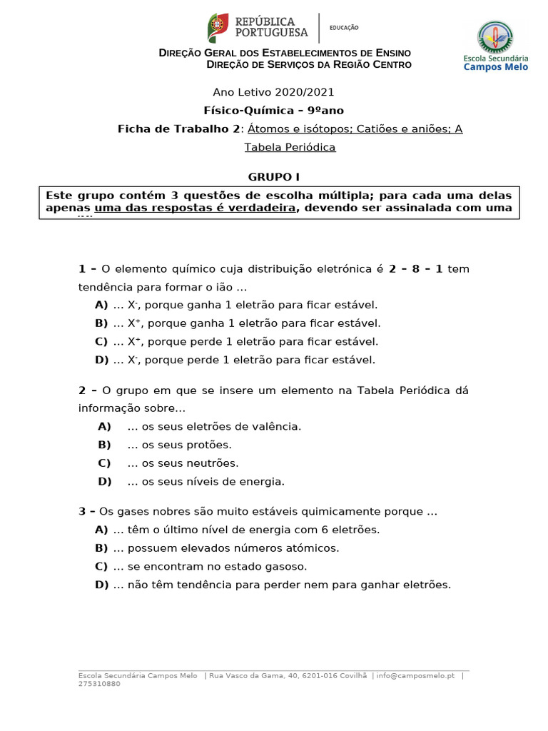 Ficha de Trabalho 2 - FQ - A Tabela Peridica | PDF