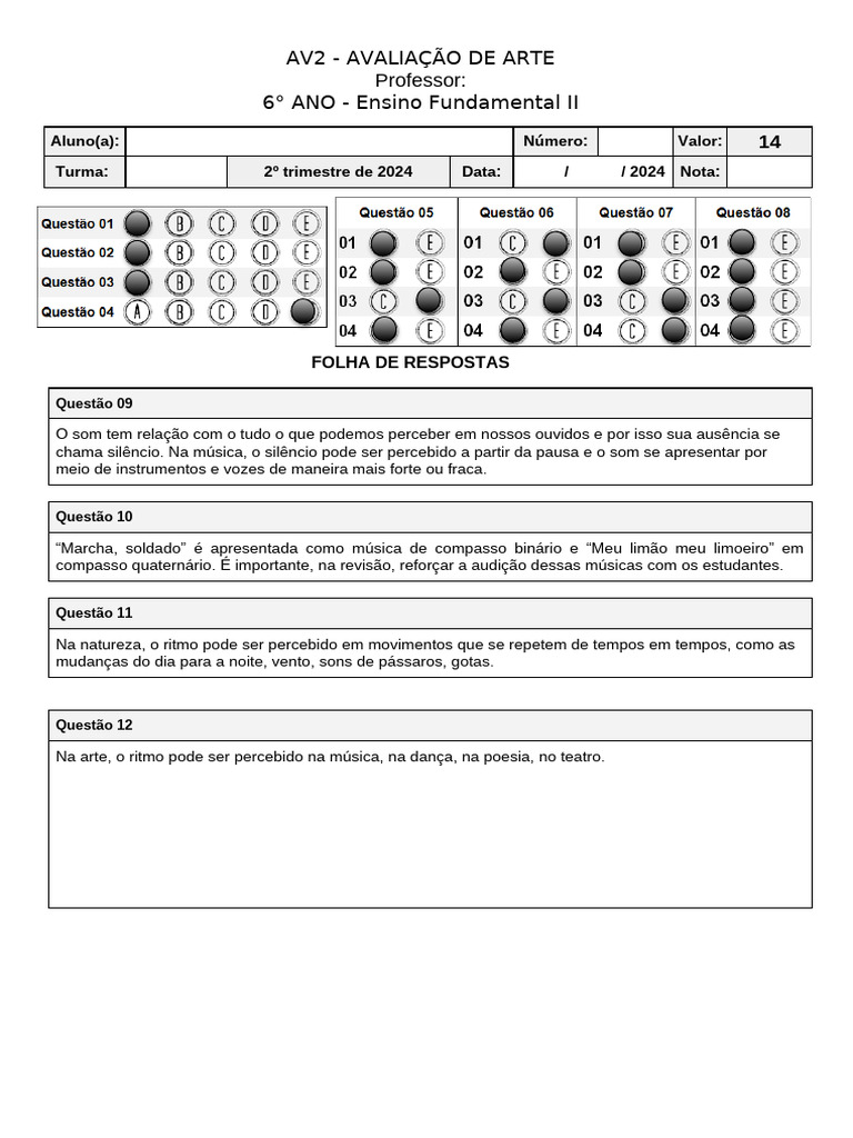(Arte) Av2 - 6°ano - 2°trimestre - Gabarito | PDF