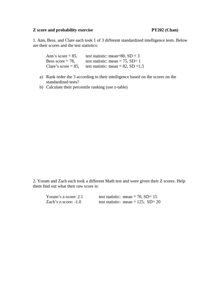 Z Score and Probability Exercise | PDF | Teaching Methods & Materials ...