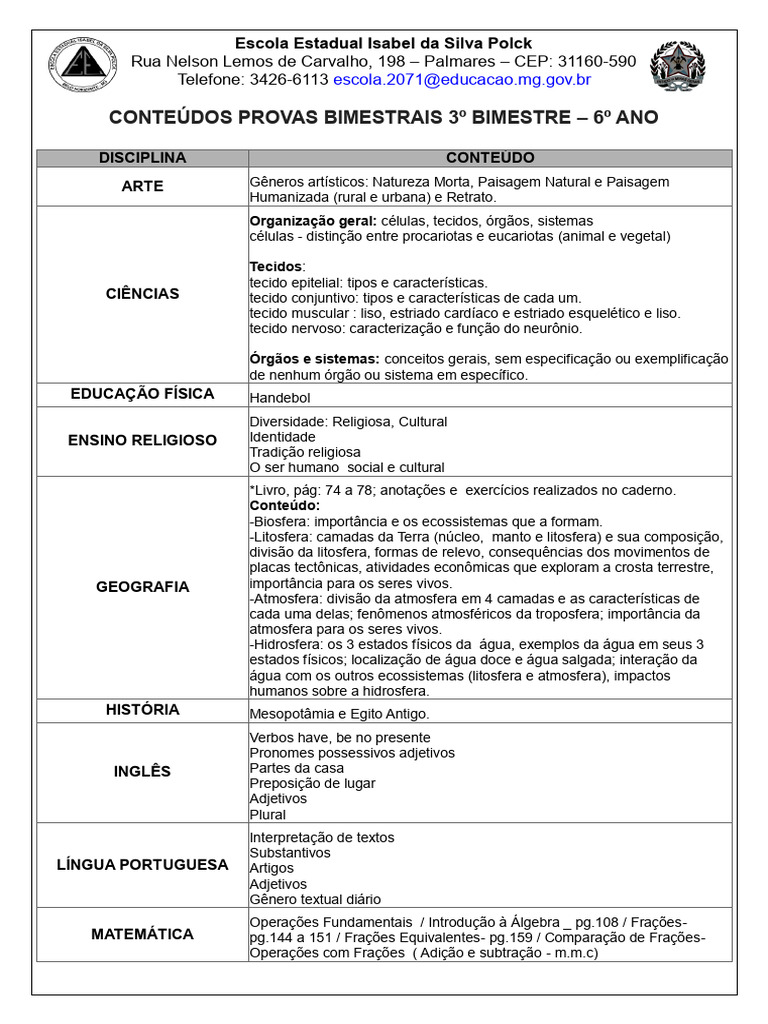 6ºANO Conteúdos Provas 3ºbimestre | PDF