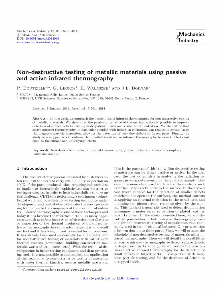Article Non Destructive Testing Of Metallic Materials Using Passive And Active Infrared