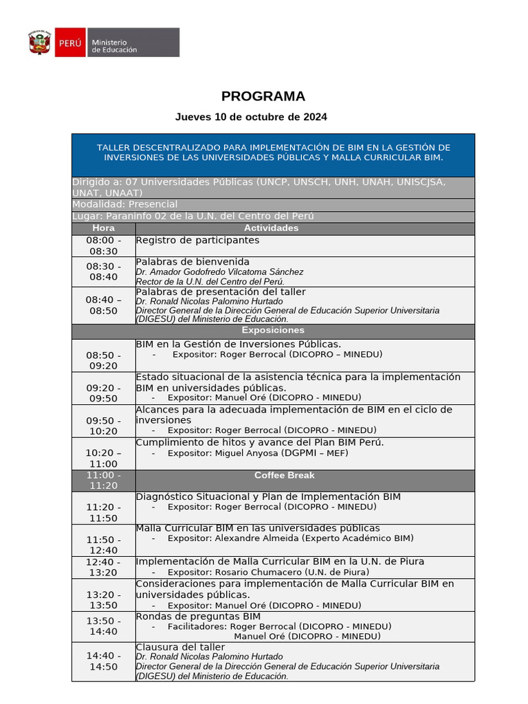 Programa-Taller-Descentralizado-BIM Huancayo | PDF