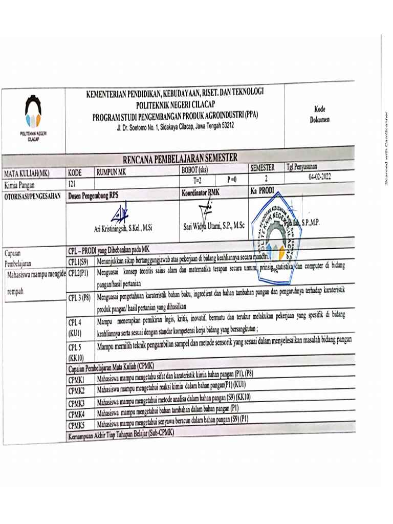 PPA 121 (RPS Teori Kimia Pangan) | PDF