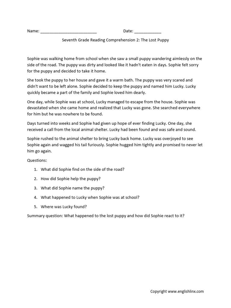 Grade 7 Comprehension: The Lost Puppy | PDF