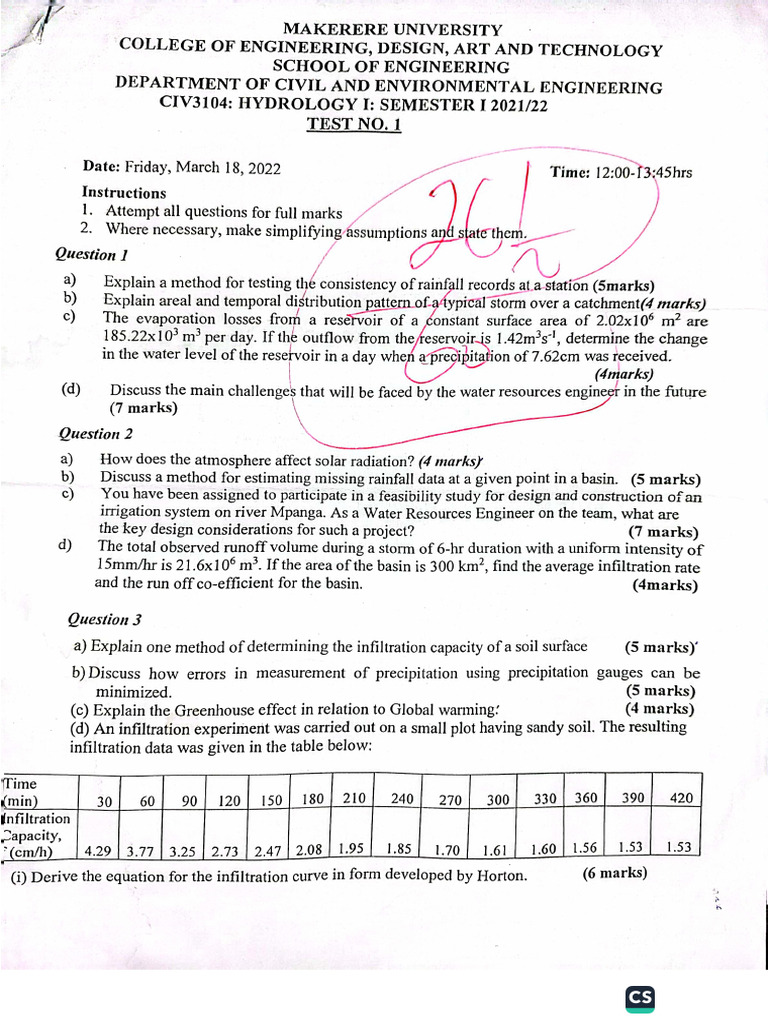 Hydrology test 21-22 | PDF