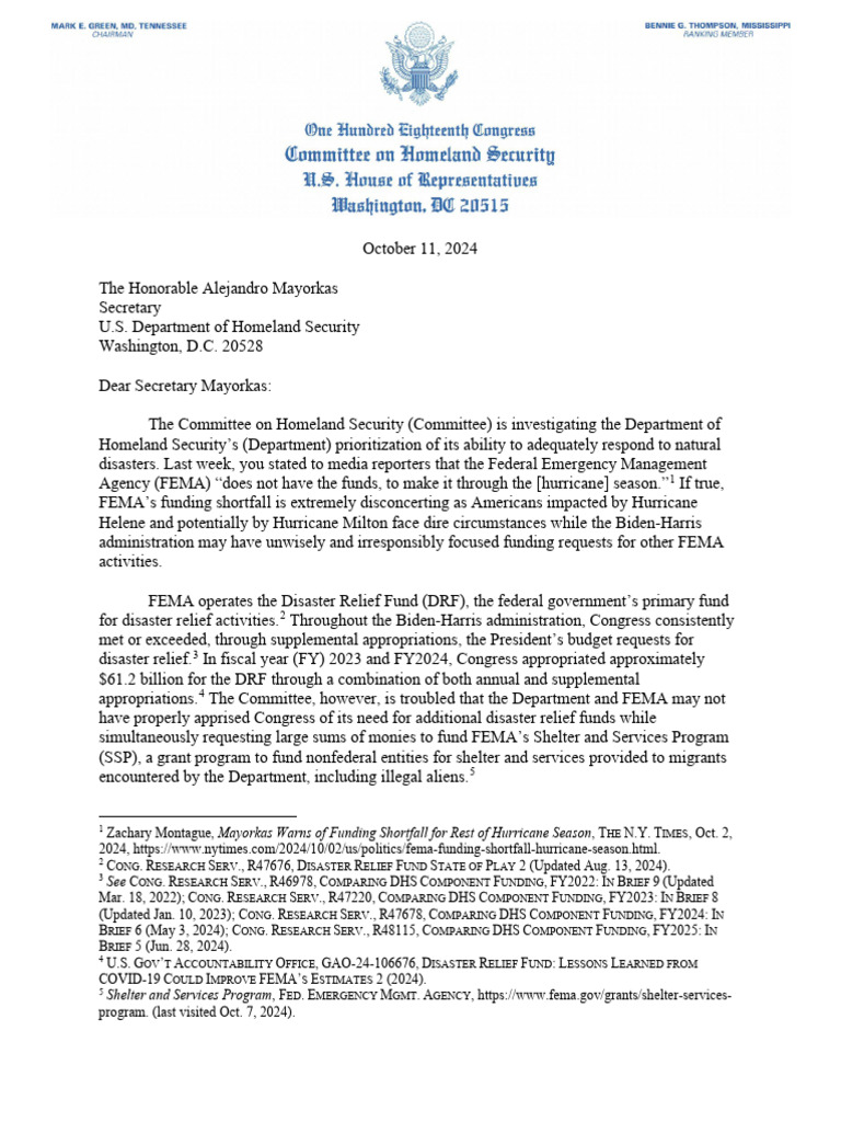 Letter To Mayorkas Dhs Re Fema Funding Priorities | PDF | Federal ...