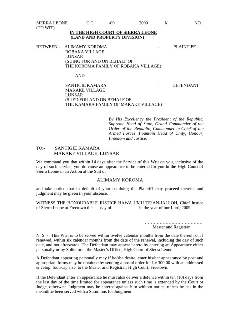 WRIT OF SUMMONS ROBAKA VILLAGE | PDF