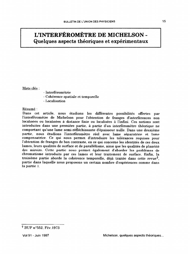 L'Interf'&Rom&Tre de Michelson - Quelques Aspects Théoriques Et Expérimentaux | PDF