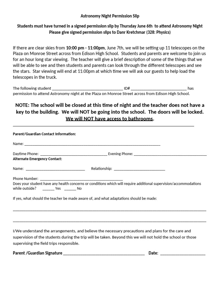 Astronomy Night Permission Slip | PDF