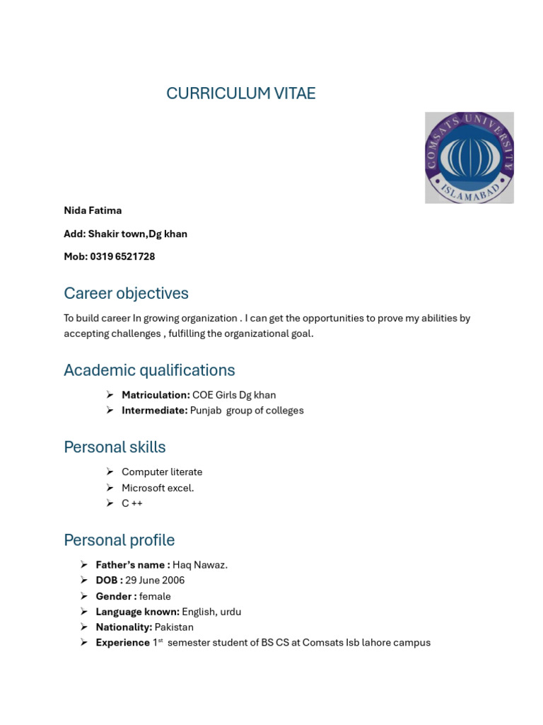 Curriculum Vitae: Nida Fatima Add: Shakir Town, DG Khan Mob: 0319 ...