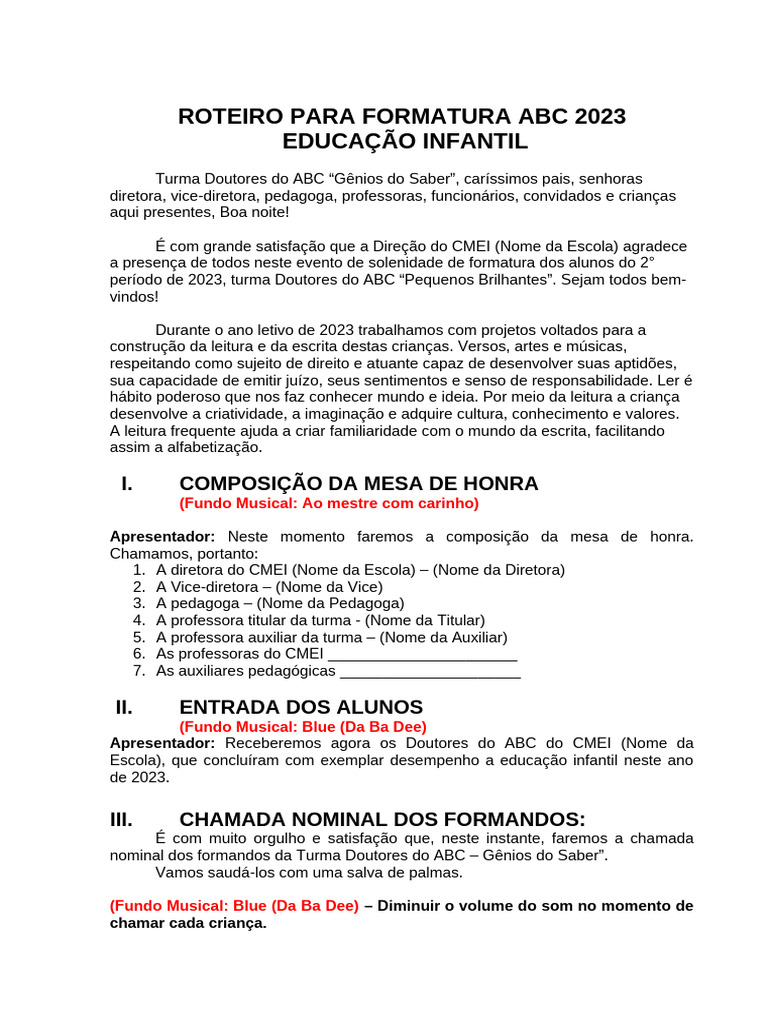 Roteiro Para Formatura ABC Cantinho Pedagogico | PDF