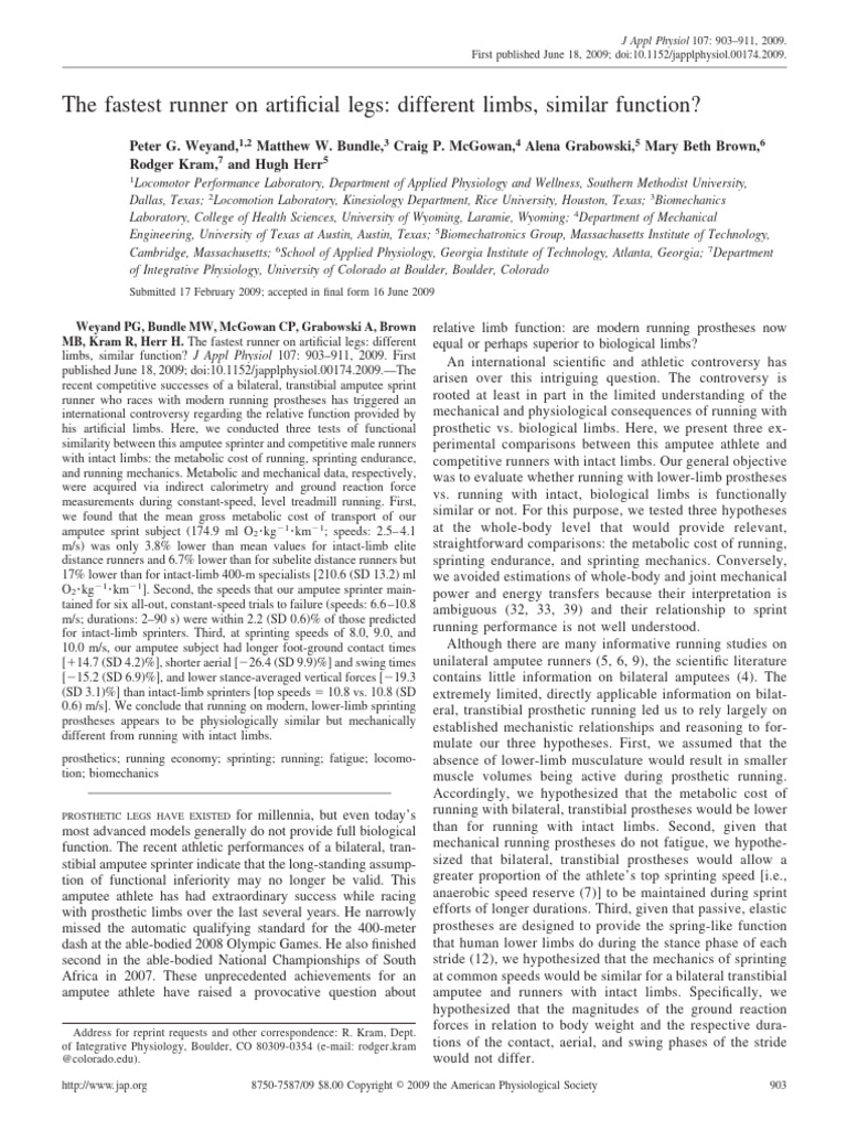 Weyand Et Al 2009 The Fastest Runner On Artificial Legs Different Limbs ...