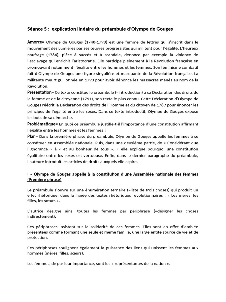 Explication Linéaire Du Préambule D'olympe de Gouges (Séance 5) | PDF