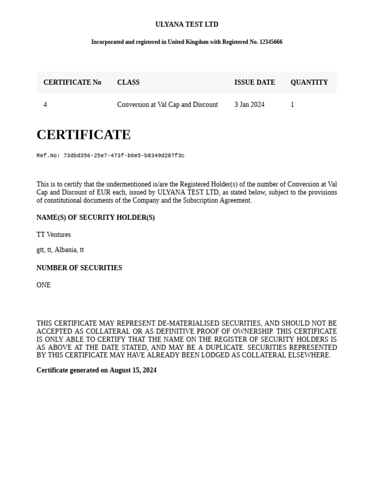 ULYANA TEST LTD Debt Certificate | PDF