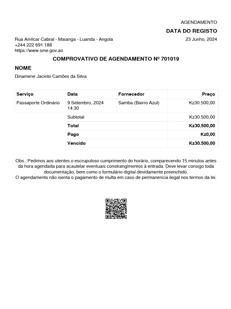 Comprovativo de Agendamento 701019 | PDF