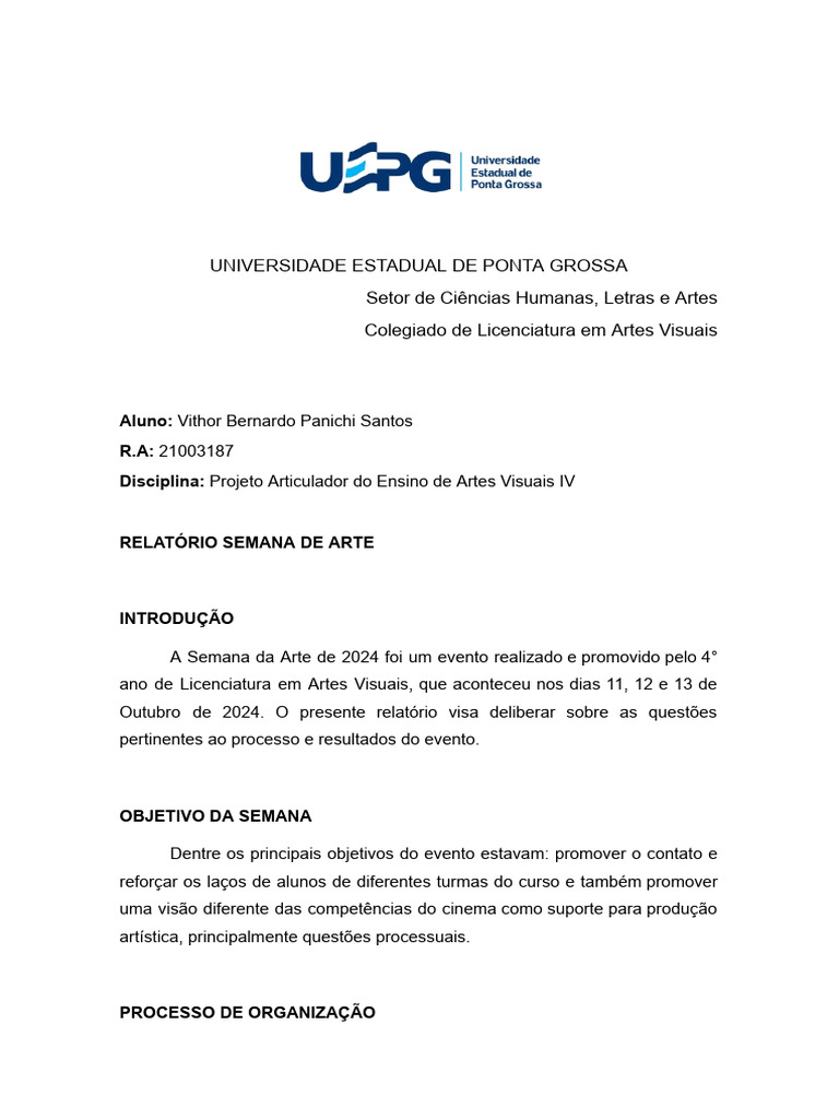 Relatório Semana de Arte | PDF