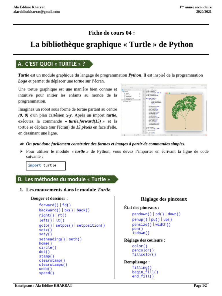 Fiche de cours 04 - La bibliothèque turtle de Python | PDF
