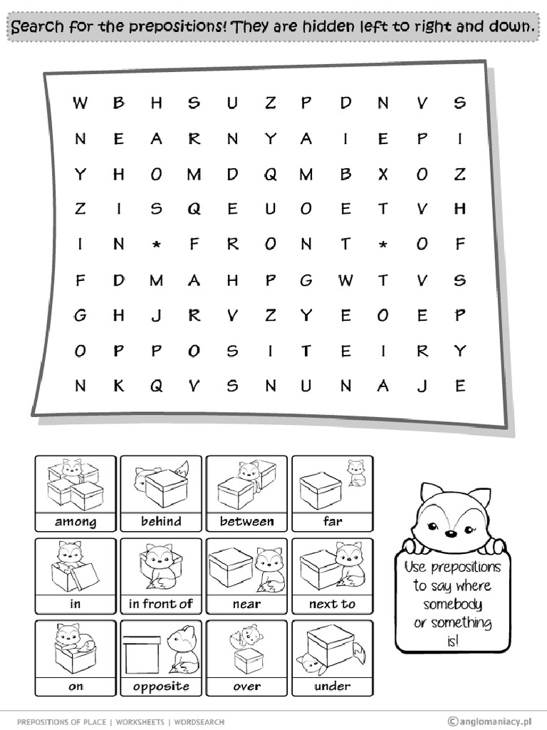 Grammar Worksheets Prepositions Wordsearch | PDF