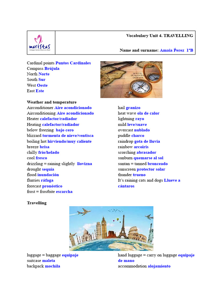 Vocabulary Unit 4. Travelling | PDF