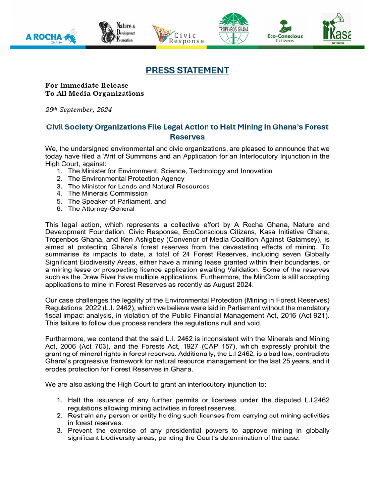 Ghanaian CSOs Oppose LI 2462 Which Allows Mining in Forest Reserves I ...