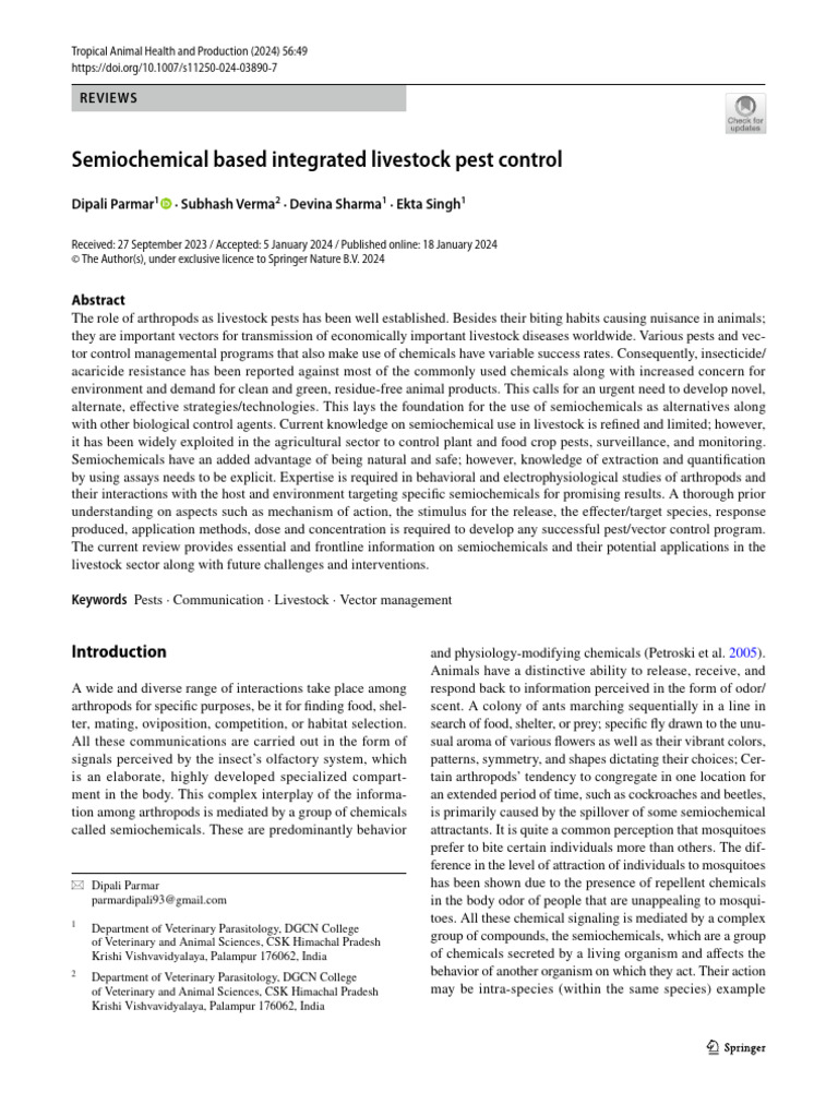 Semiochemical Based Integrated Livestock Pest Control: Dipali Parmar Subhash Verma Devina Sharma ...
