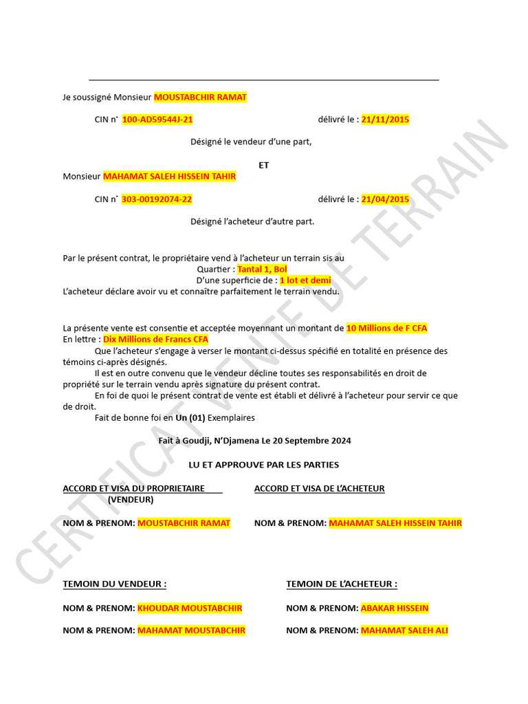 Certificat de Vente de Terrain | PDF