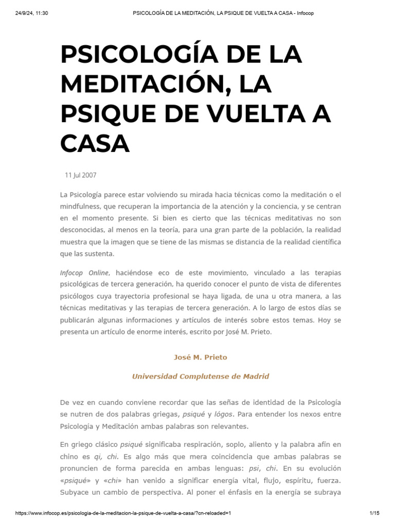 PSICOLOGÍA DE LA MEDITACIÓN, LA PSIQUE DE VUELTA A CASA - Infocop | PDF