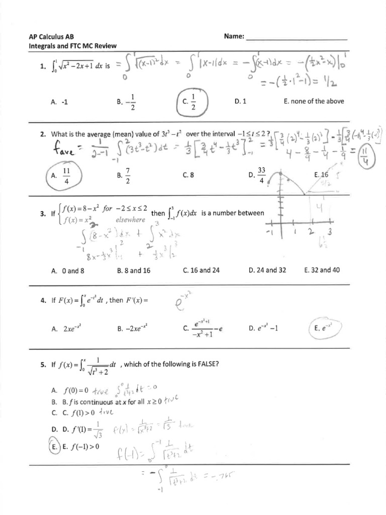 Integrals and FTC MC Rev Solutions 2 | PDF