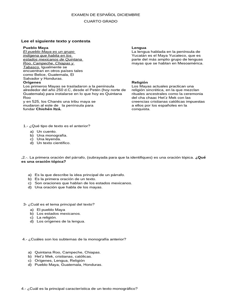 Examen de Español y Matemáticas Cuarto Grado | PDF | Pueblos mayas